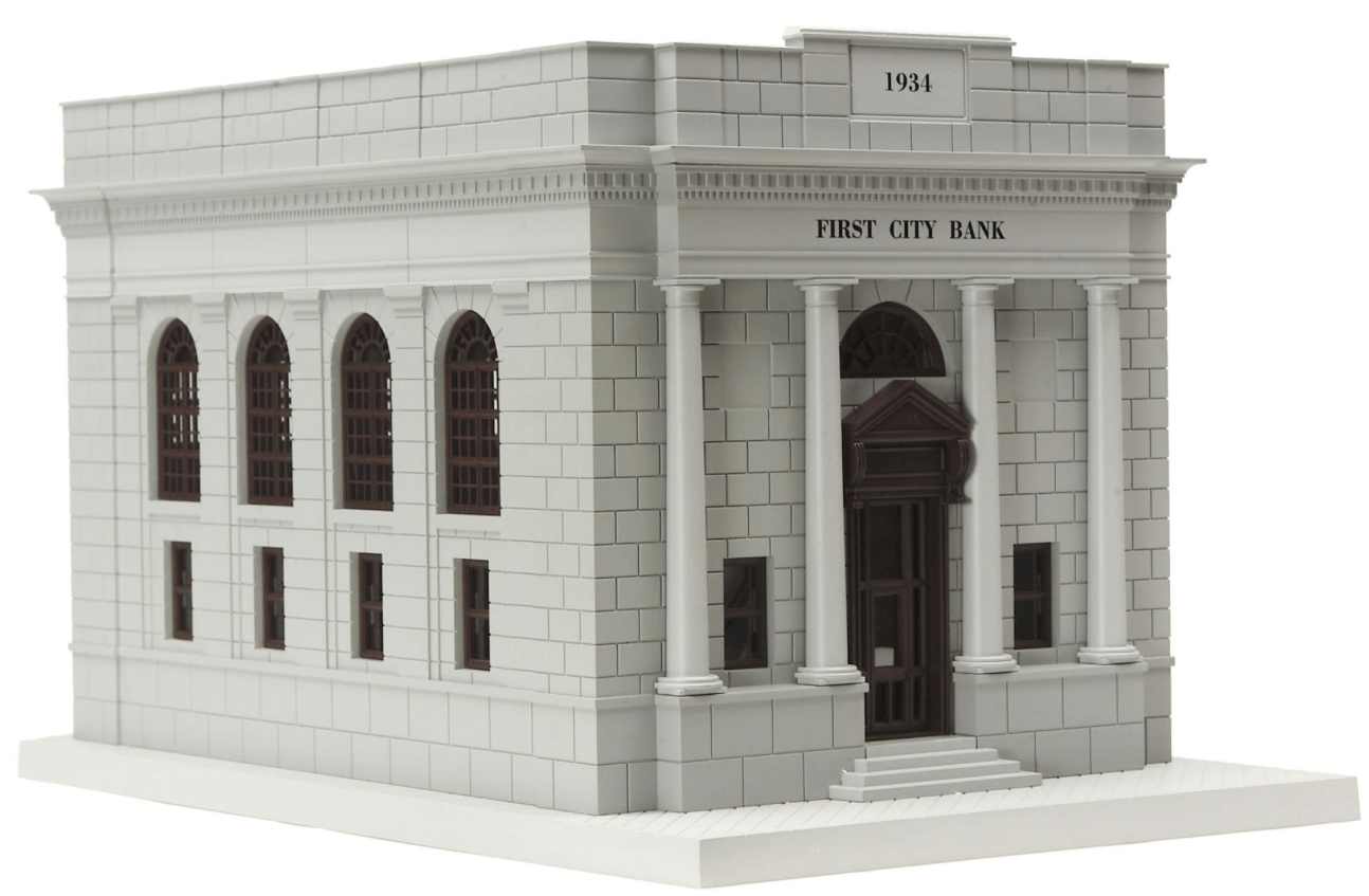 FIRST CITY BANK GREY WITH RED WINDOWS – Old Engine House